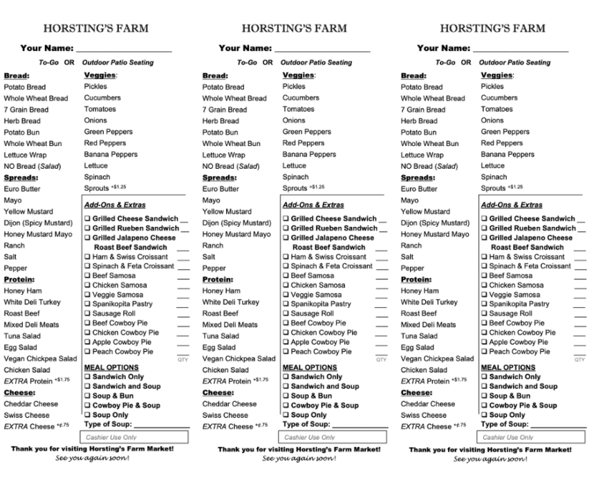 Lunch Order Form - Café - Horsting's Farm Market