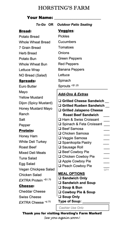 Lunch Order Form - Café - Horsting's Farm Market